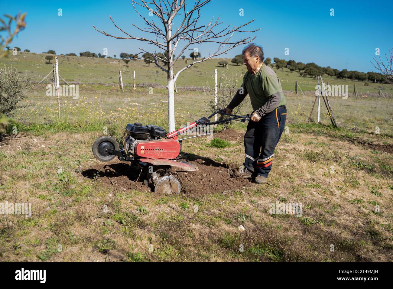 A farmer man plows the land with a cultivator. Machinery cultivator for ...