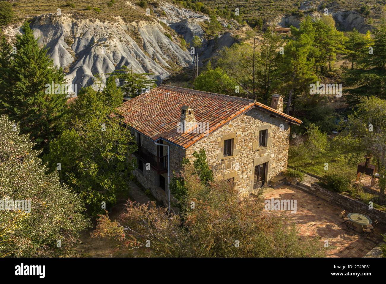 Aerial view of the Can Feló rural country house, near Tavertet, in ...