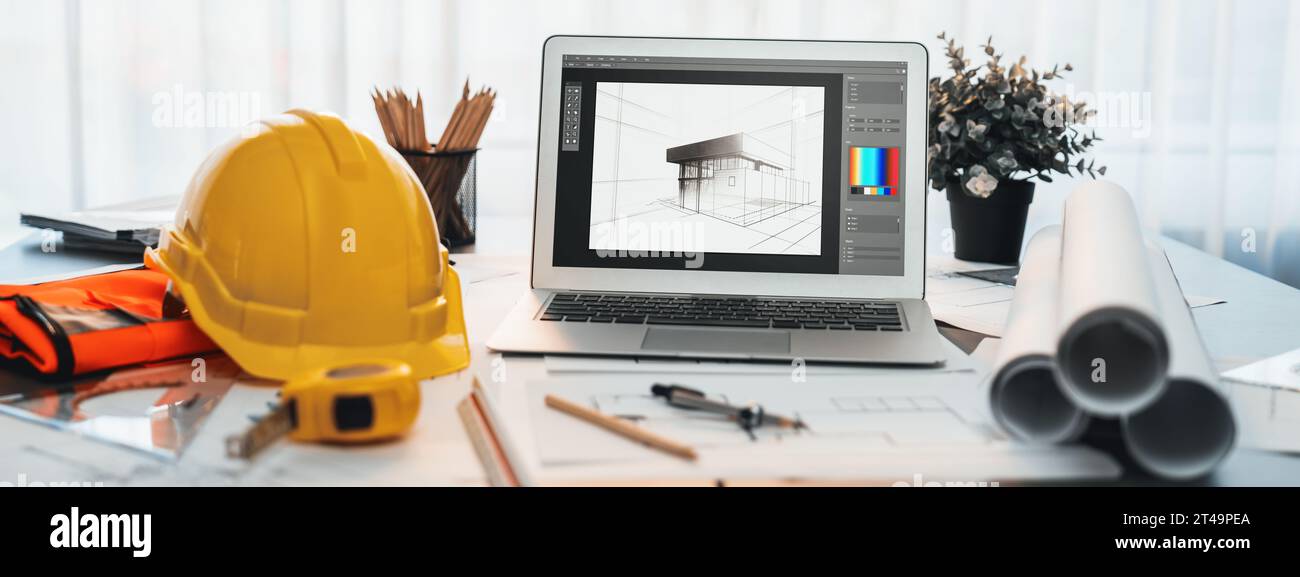 Digital blueprint by architecture design software on laptop screen with ...