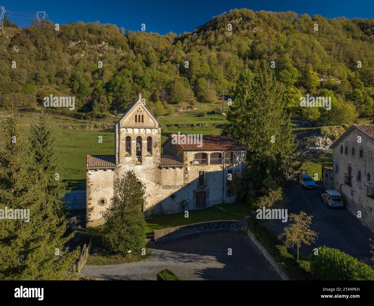 Aerial view of the Ciuret church and rural surroundings on an autumn ...