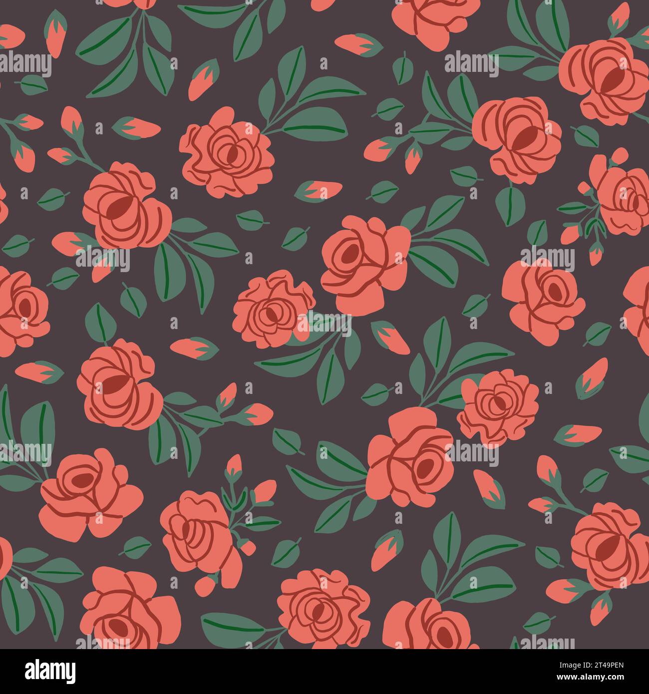 Vintage pattern with red roses and leaves on brown background. Retro flowers pattern. Vector ...