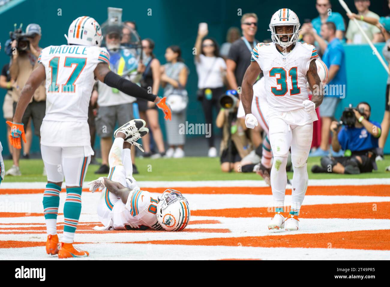 Miami Dolphins running back Raheem Mostert (31) celebrates scoring a ...