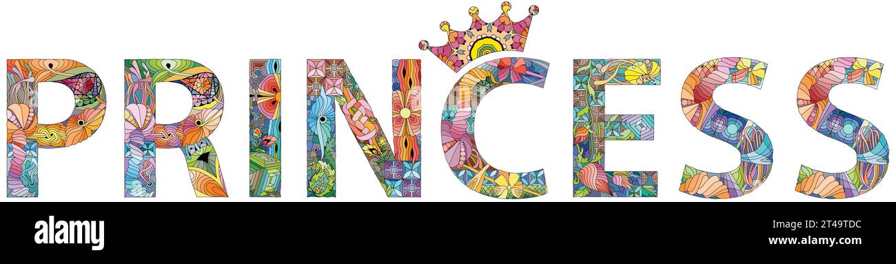 Hand-painted art design. Hand drawn illustration word PRINCESS for t ...