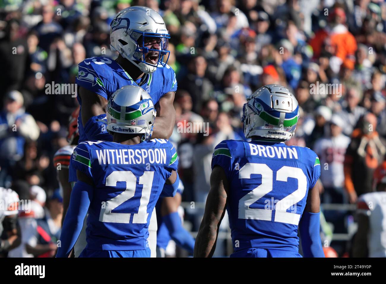 Seattle Seahawks linebacker Boye Mafe (53) celebrates with teammates ...