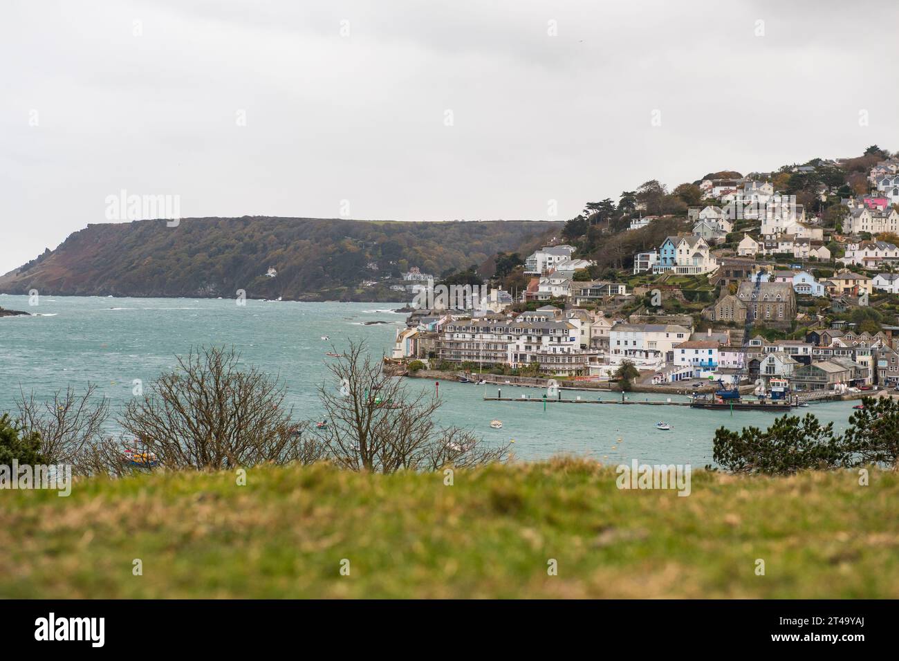 View of Salcombe town taken from Snapes Point on a calm November winter ...