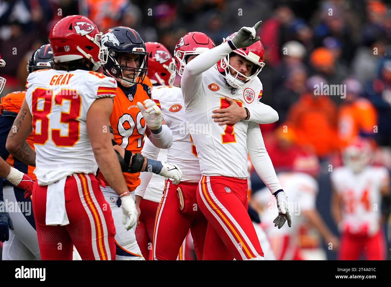 Kansas City Chiefs place-kicker Harrison Butker is congratulated by ...