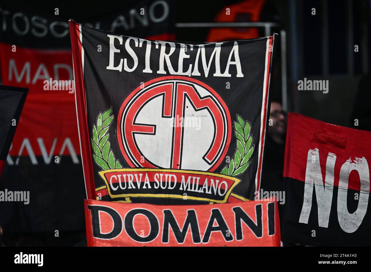 PARIS, FRANCE - OCTOBER 25: Details of AC Milan fan flag during the ...