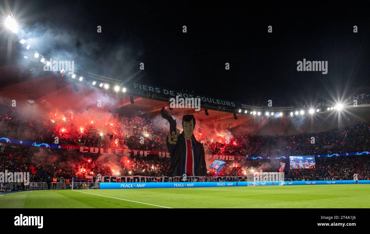 PARIS, FRANCE - OCTOBER 25: Ultras fans of Paris Saint-Germain display ...