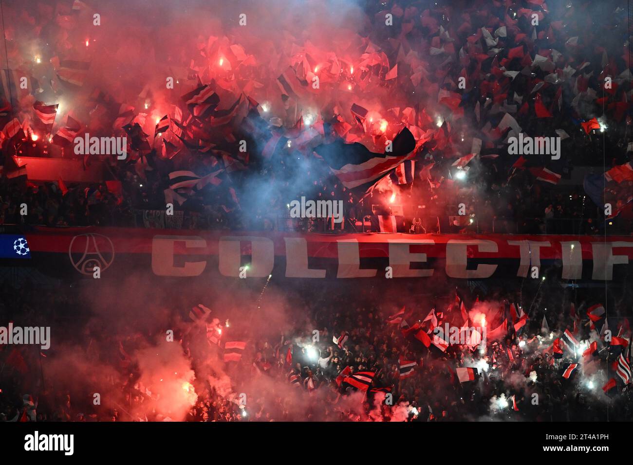 PARIS, FRANCE - OCTOBER 25: Ultras fans of Paris Saint-Germain set up ...