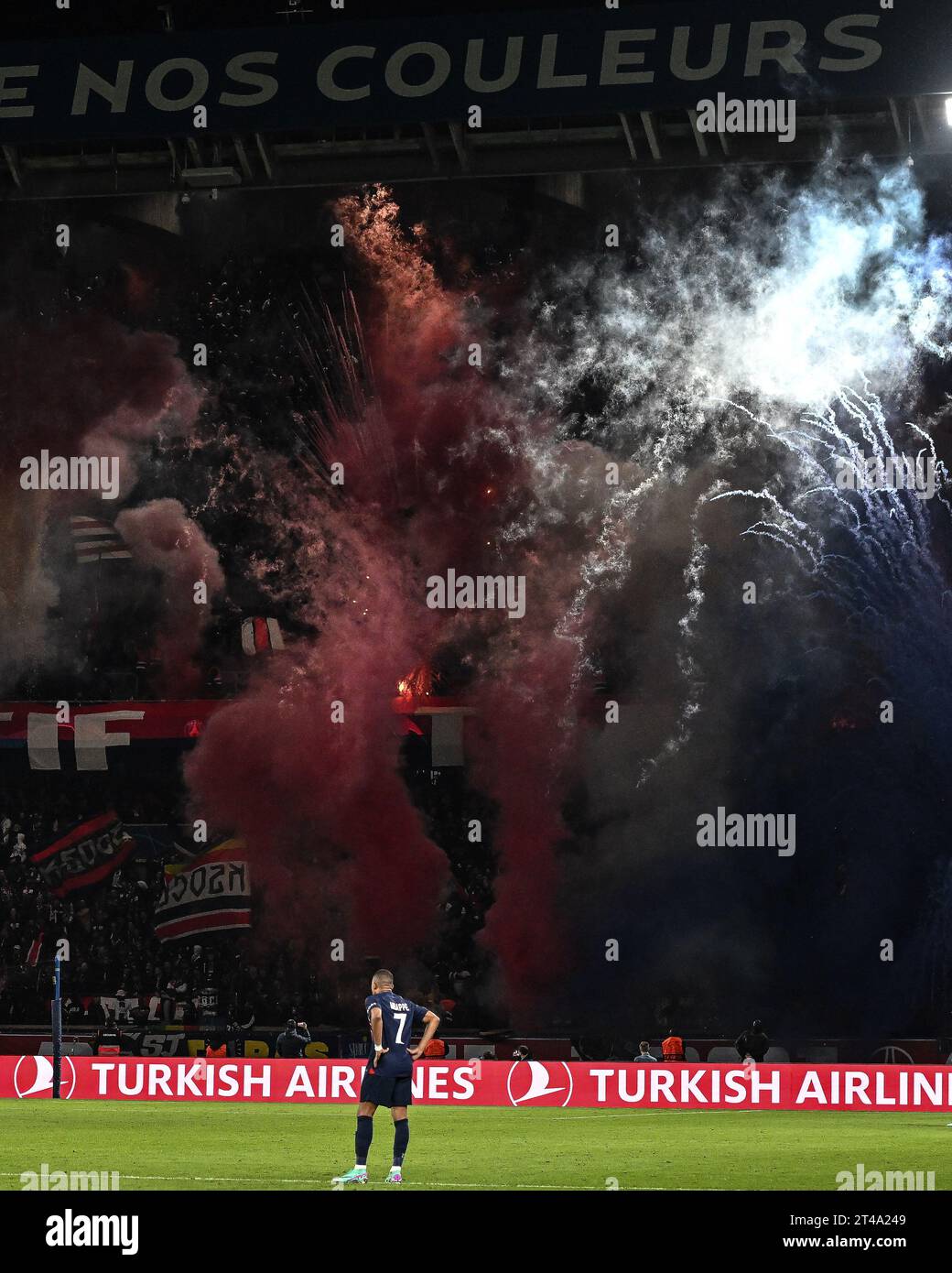 PARIS, FRANCE - OCTOBER 25: Ultras fans of Paris Saint-Germain set up ...