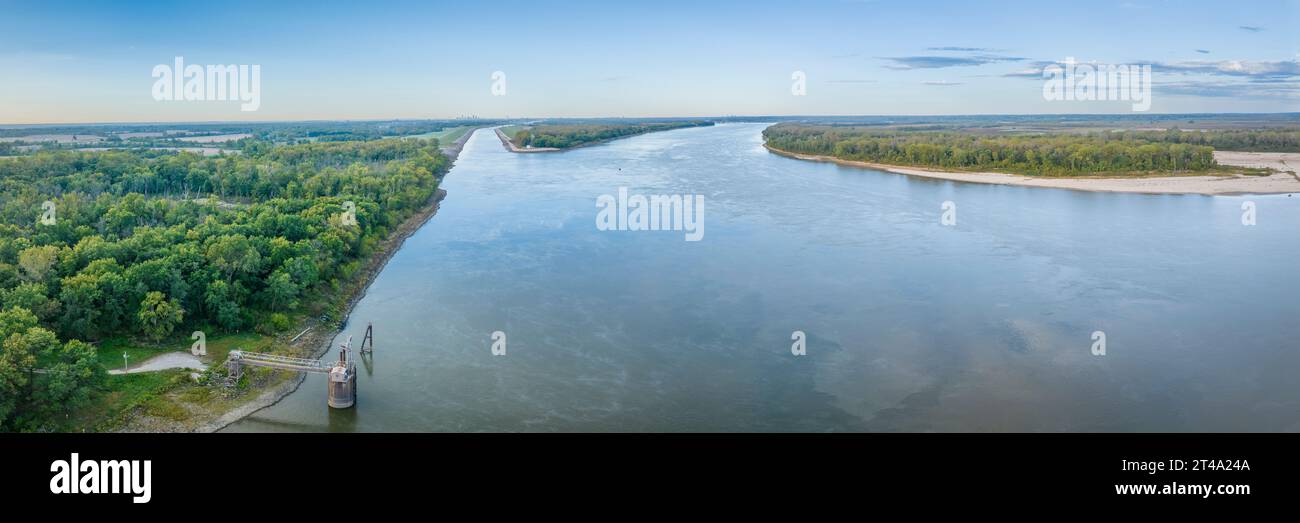 aerial panorama of Mississippi River and entrance to the Chain of Rocks ...