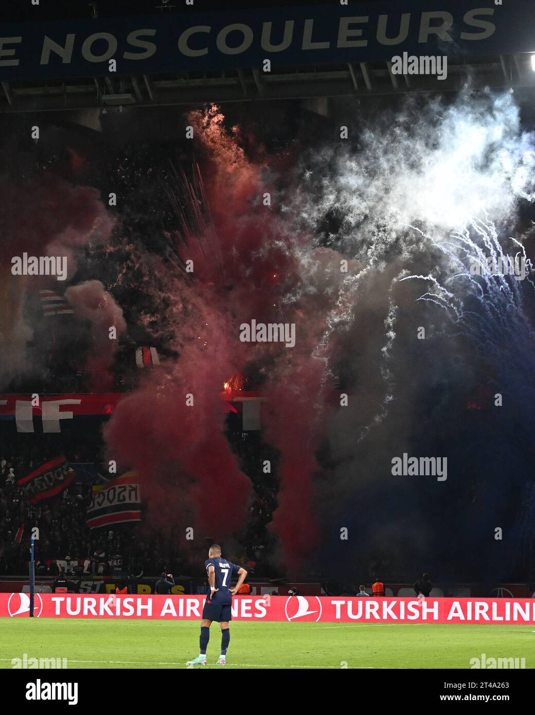 PARIS, FRANCE - OCTOBER 25: Ultras fans of Paris Saint-Germain set up ...