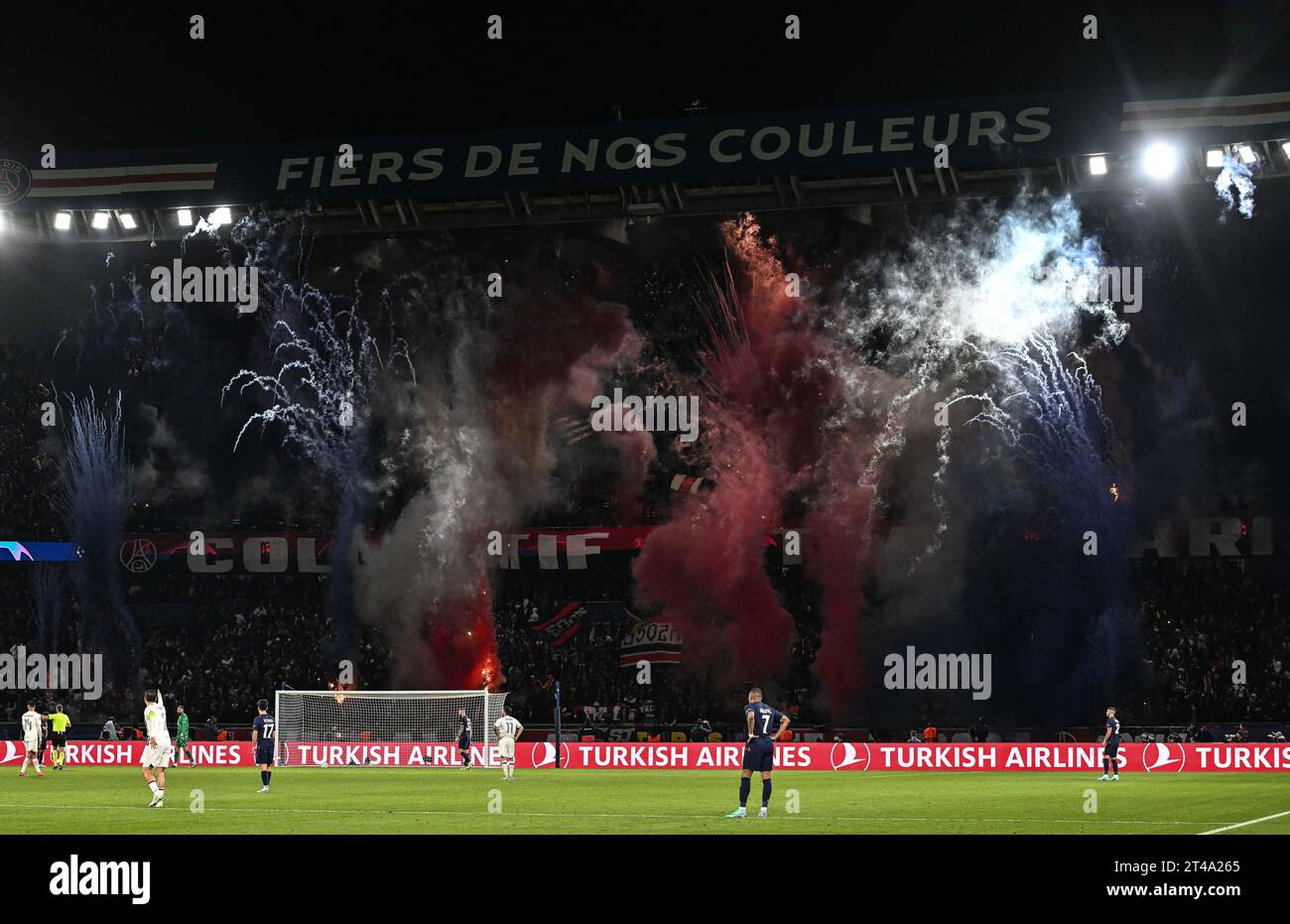PARIS, FRANCE - OCTOBER 25: Ultras fans of Paris Saint-Germain set up ...