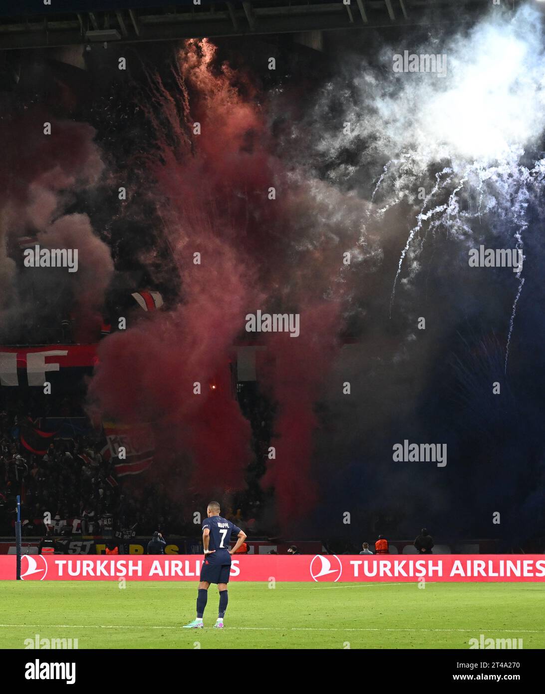 PARIS, FRANCE - OCTOBER 25: Ultras fans of Paris Saint-Germain set up ...