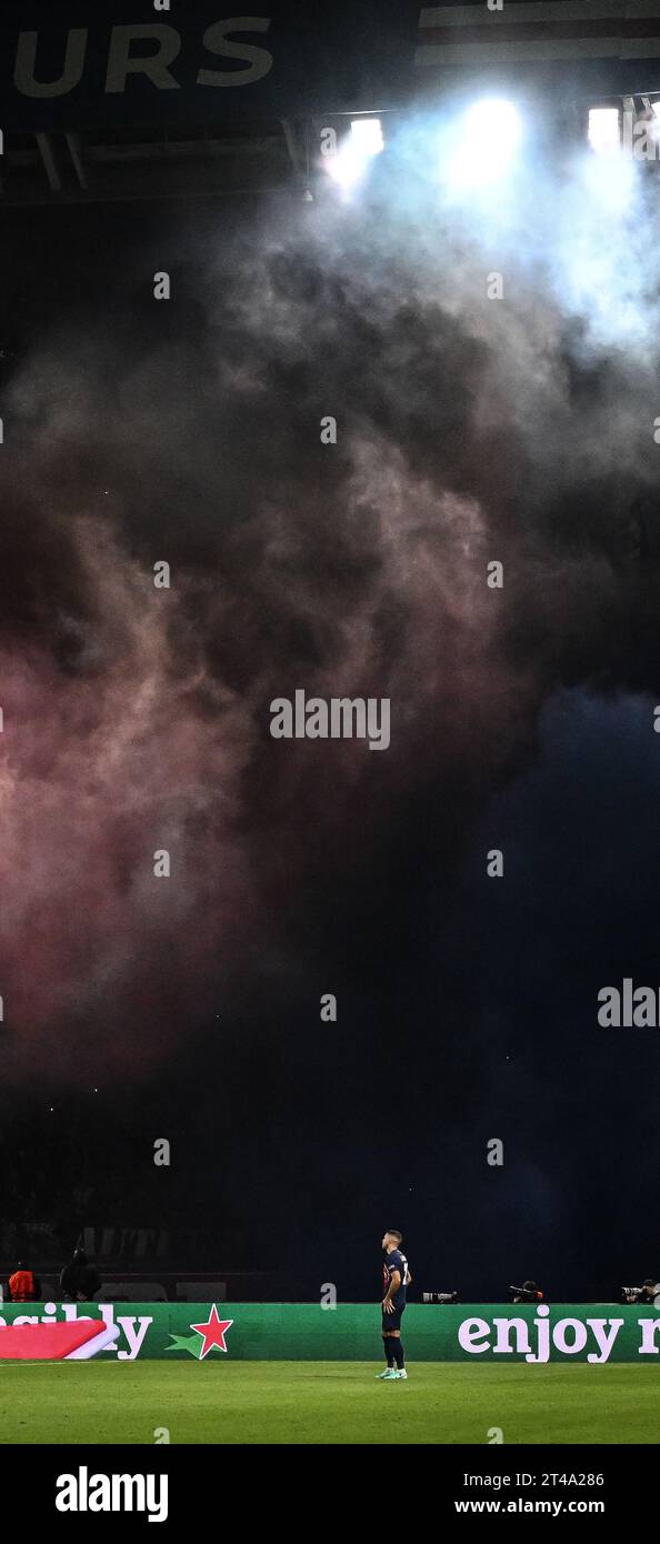 PARIS, FRANCE - OCTOBER 25: Ultras fans of Paris Saint-Germain set up ...