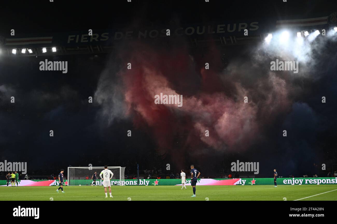 PARIS, FRANCE - OCTOBER 25: Ultras fans of Paris Saint-Germain set up ...