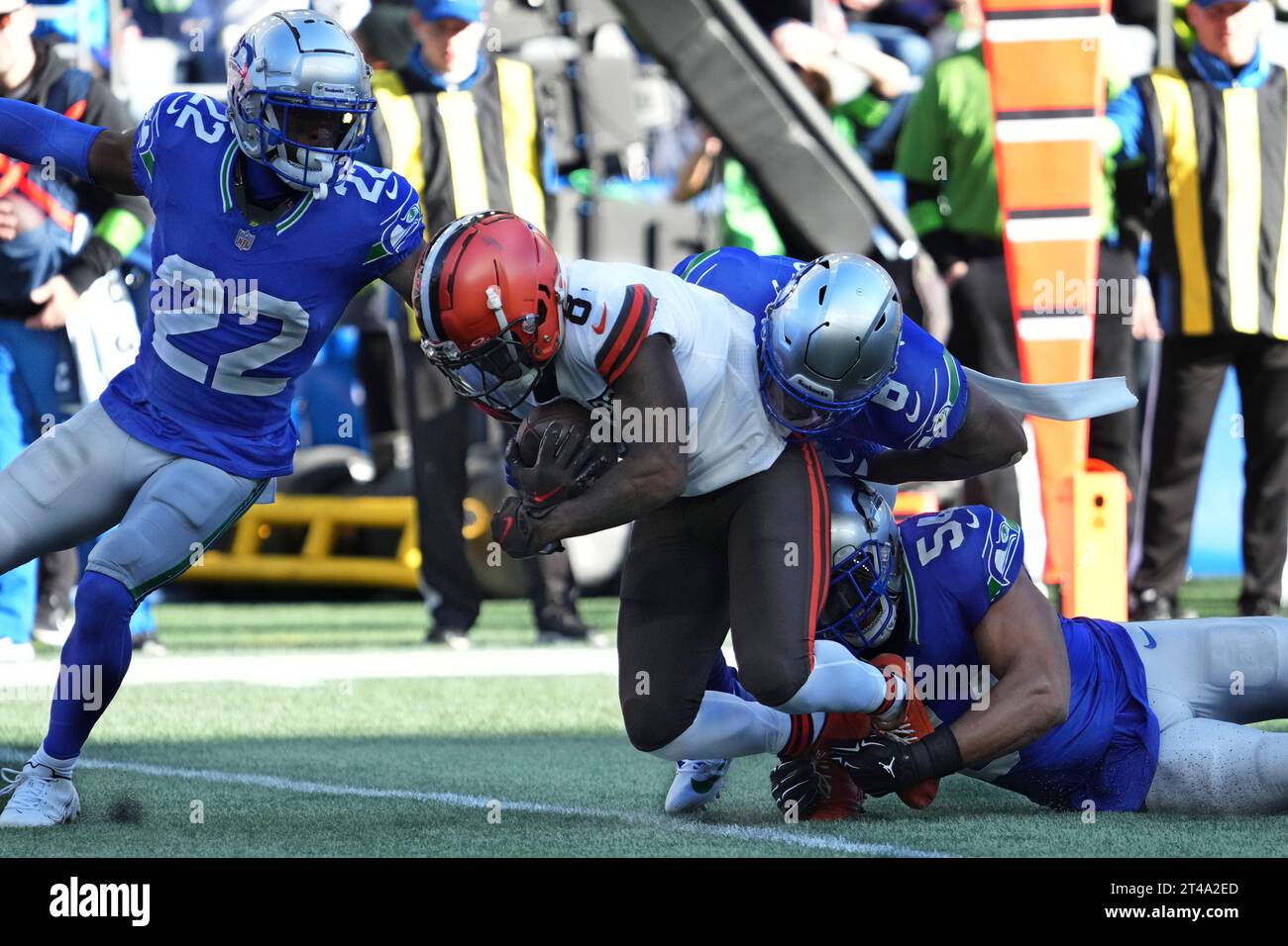 Cleveland Browns wide receiver Elijah Moore (8) is tackled by Seattle ...