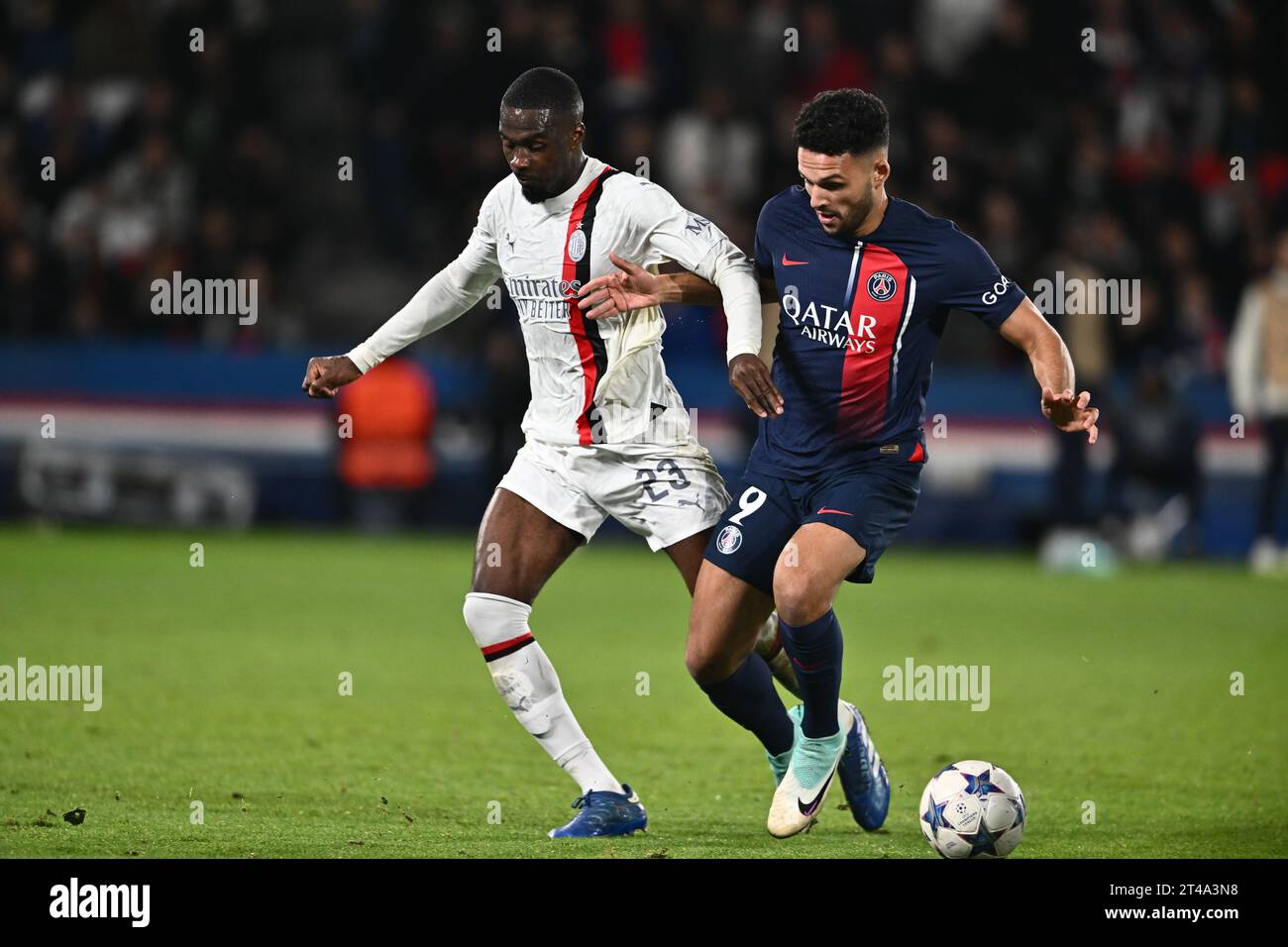 PARIS, FRANCE - OCTOBER 25: Fikayo Tomori of AC Milan and Goncalo Ramos of Paris Saint-Germain ...