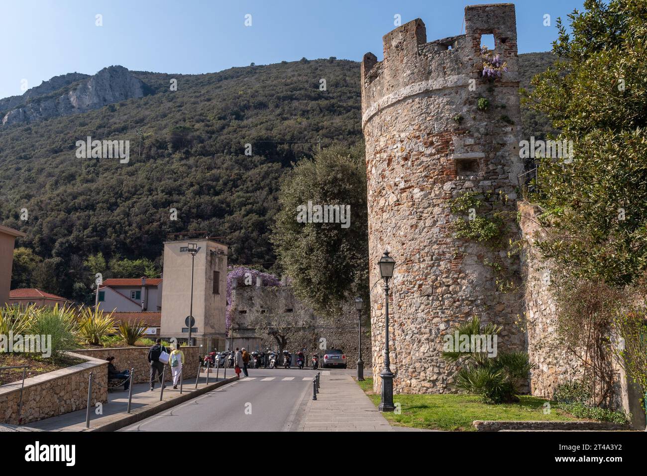 Town walls and tower (15th century) of the medieval village with the ...