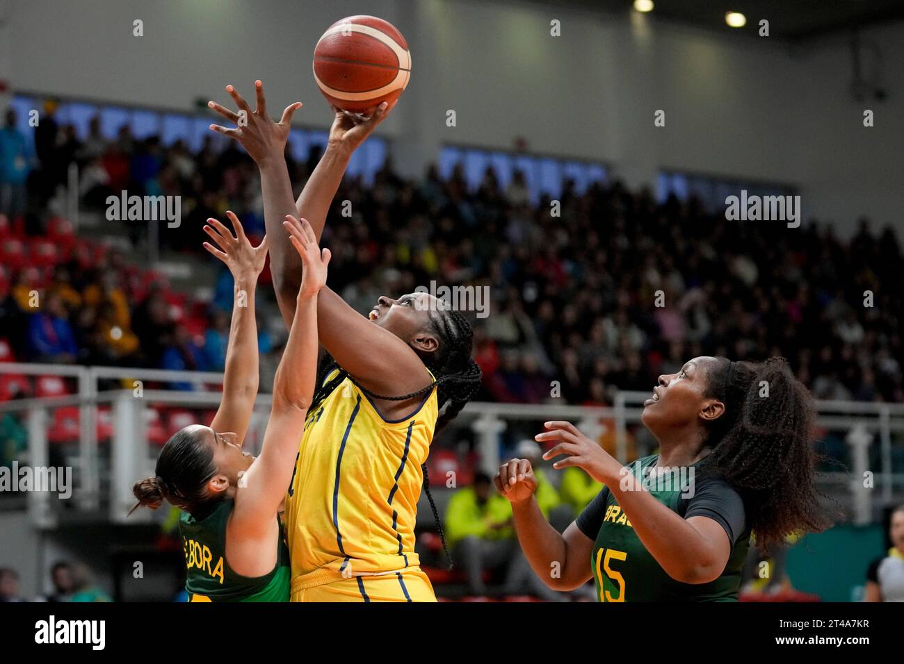 Brazil's Fernandes Debora, left, blocks Colombia's Yuliany Paz in the ...