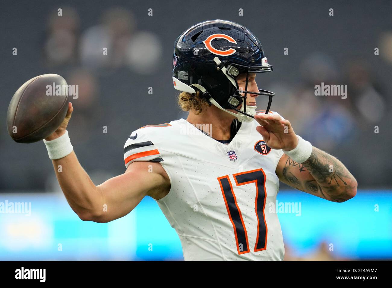Chicago Bears quarterback Tyson Bagent warms up before an NFL football ...