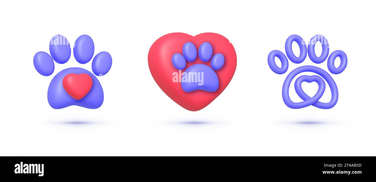 Paw 3d set in modern style on white background. Vector illustration ...