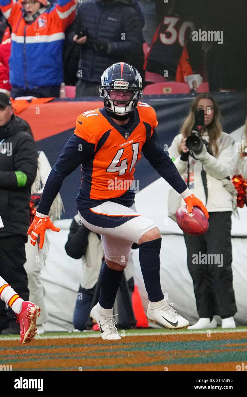 Denver Broncos linebacker Drew Sanders (41) celebrates a turnover ...