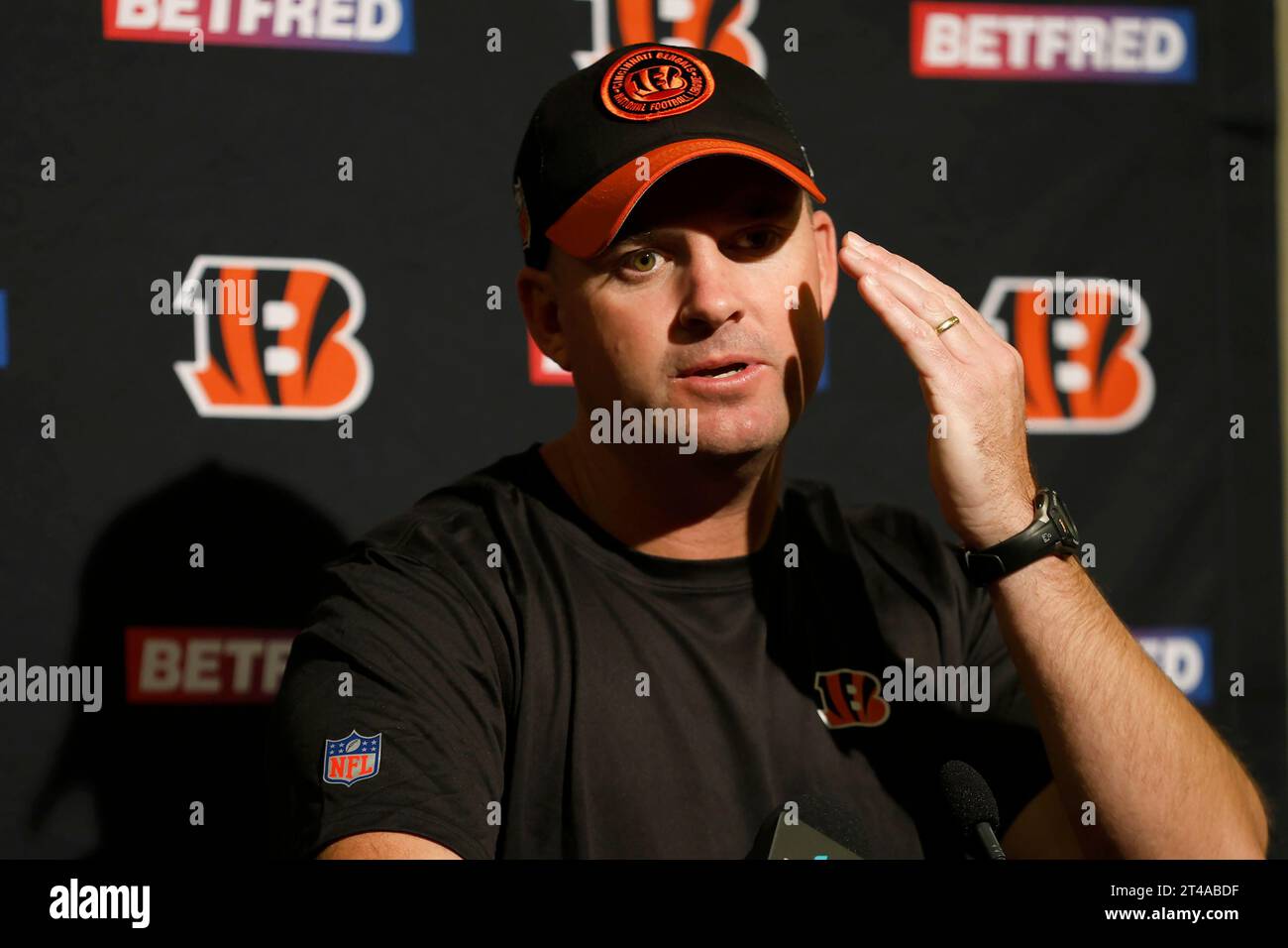 Cincinnati Bengals head coach Zac Taylor speaks to reporters after an ...