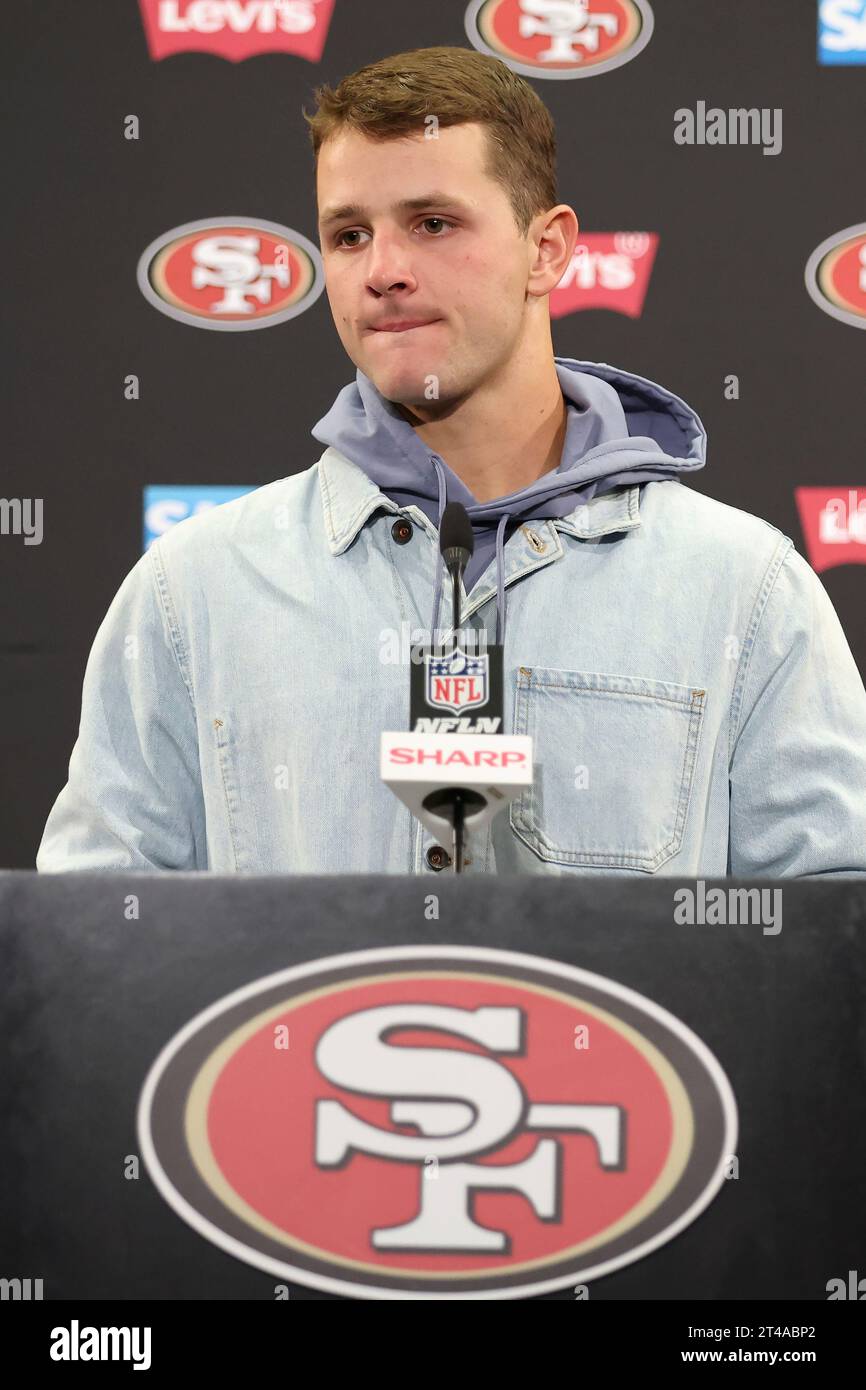 San Francisco 49ers quarterback Brock Purdy speaks to reporters after ...