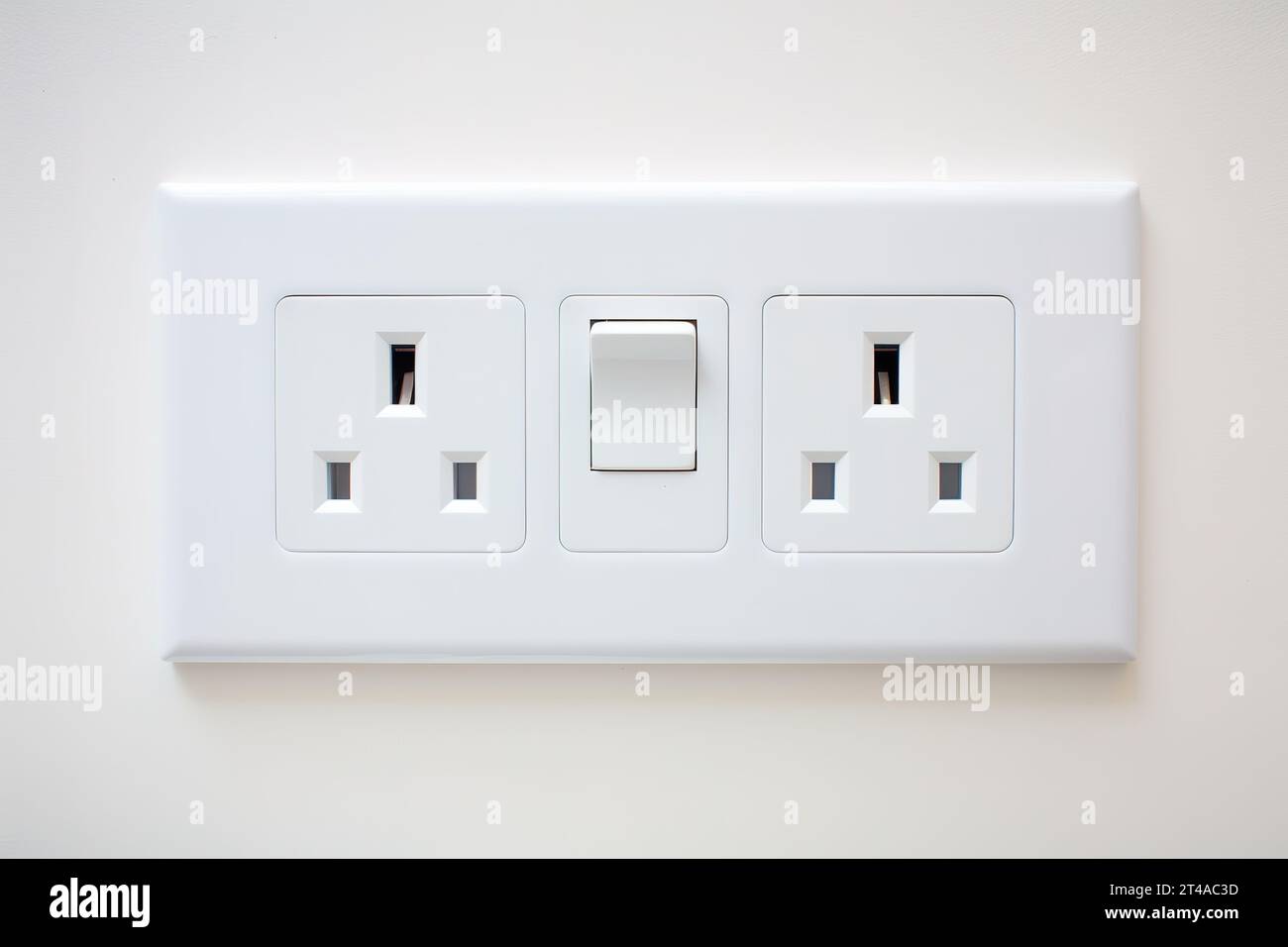 White wall mounted socket board with two electrical sockets and a ...