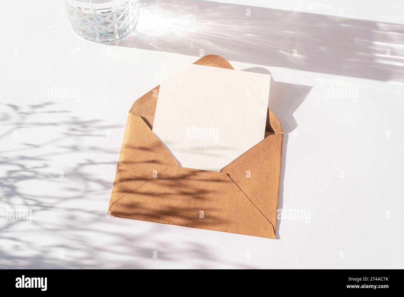 Envelope with blank card, glass of water and flowers shadow on white ...