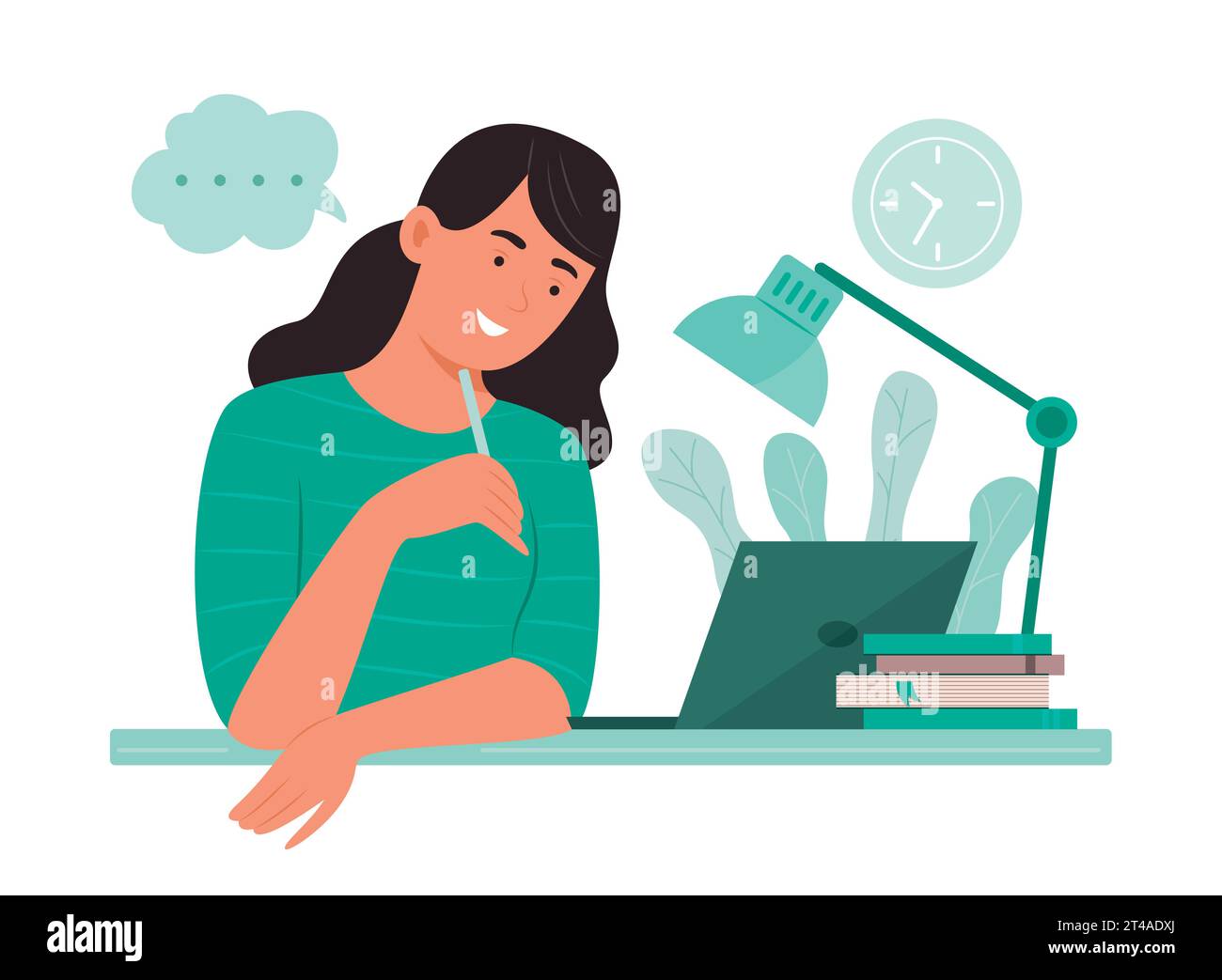 Young Woman Thinking Idea and Enjoying with Online Learning Concept ...