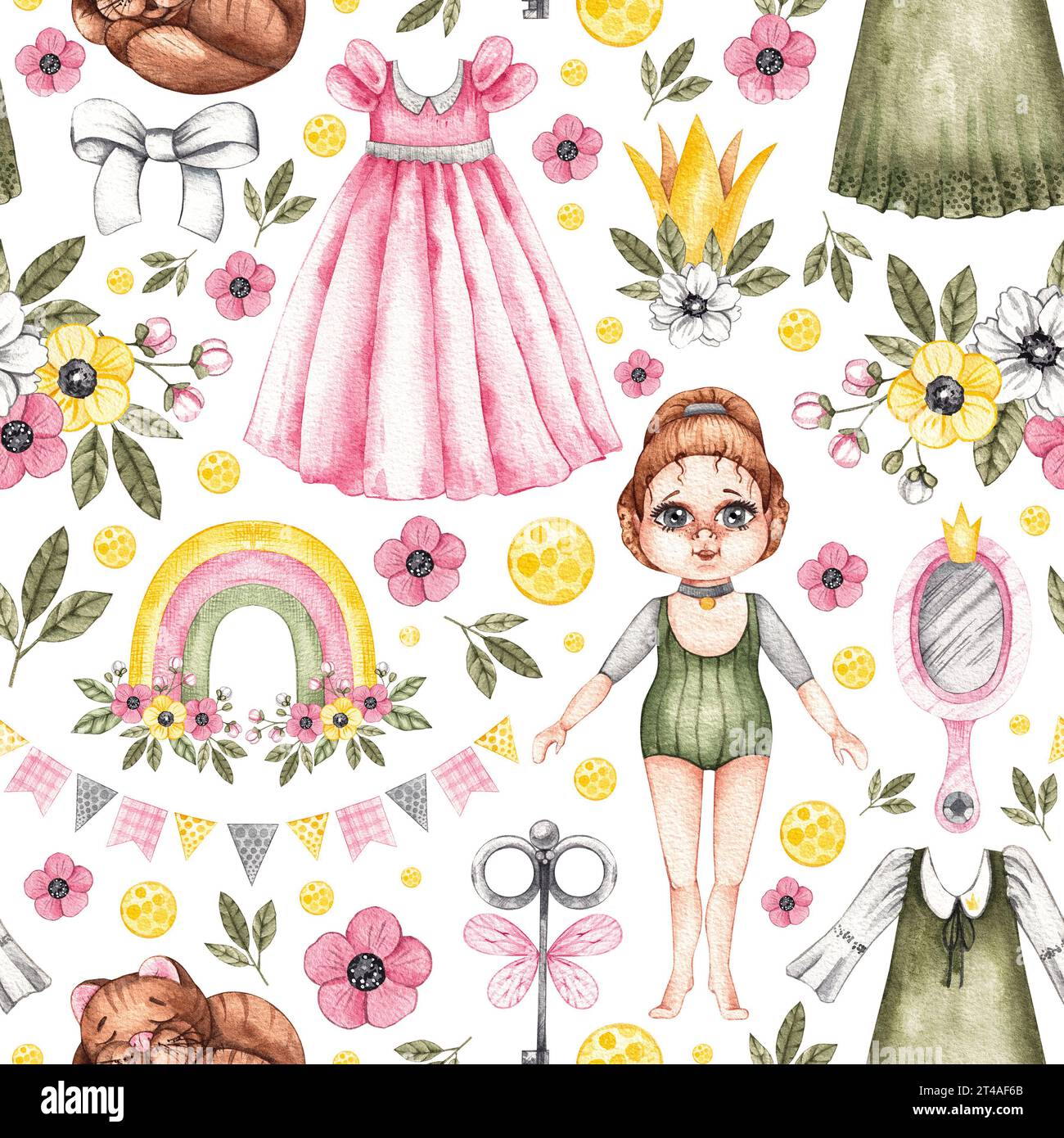 Watercolor seamless pattern with cute princess, dresses, mirror ...