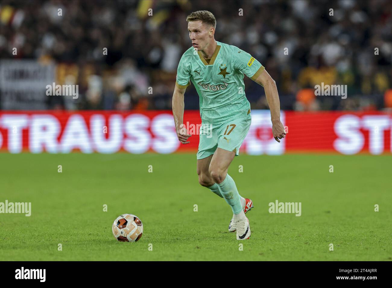 Rome, Italy. 26th Oct, 2023. Slavia Prague's Czech midfielder Lukas Provod controls the ball ...