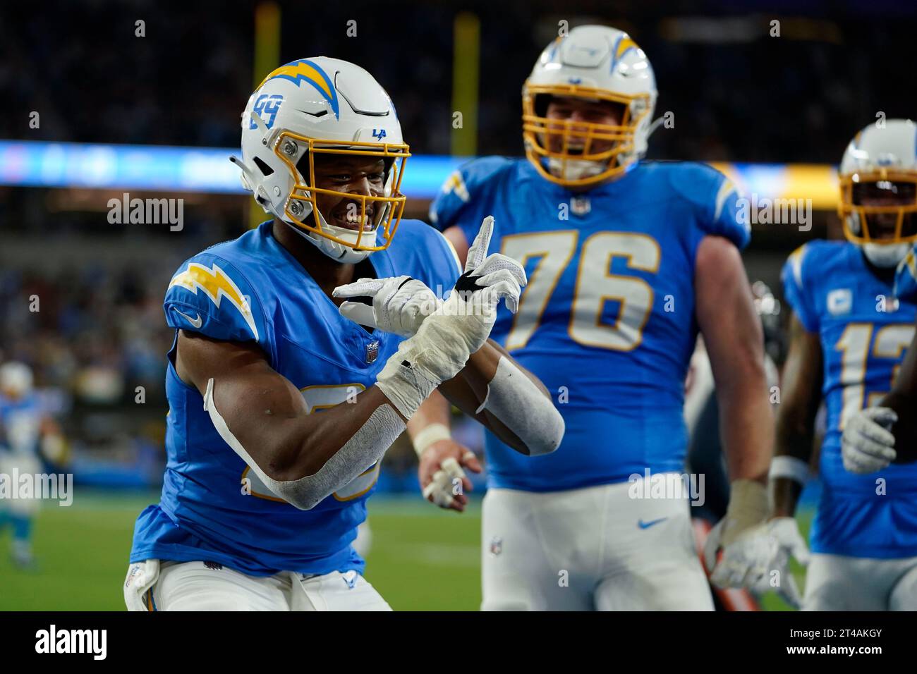 Los Angeles Chargers tight end Donald Parham Jr., left, celebrates his ...