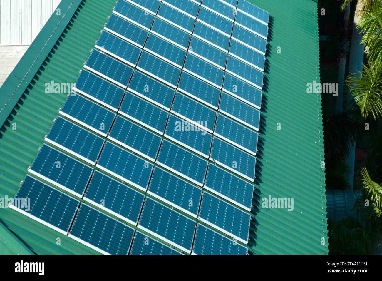 Aerial view of american condo building roof with blue solar ...