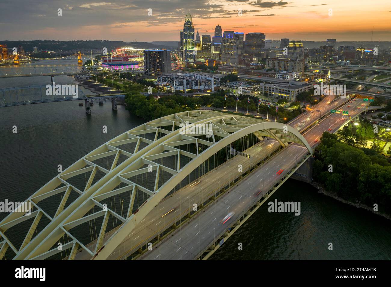 Aerial view of downtown district highway traffic in Cincinnati city ...