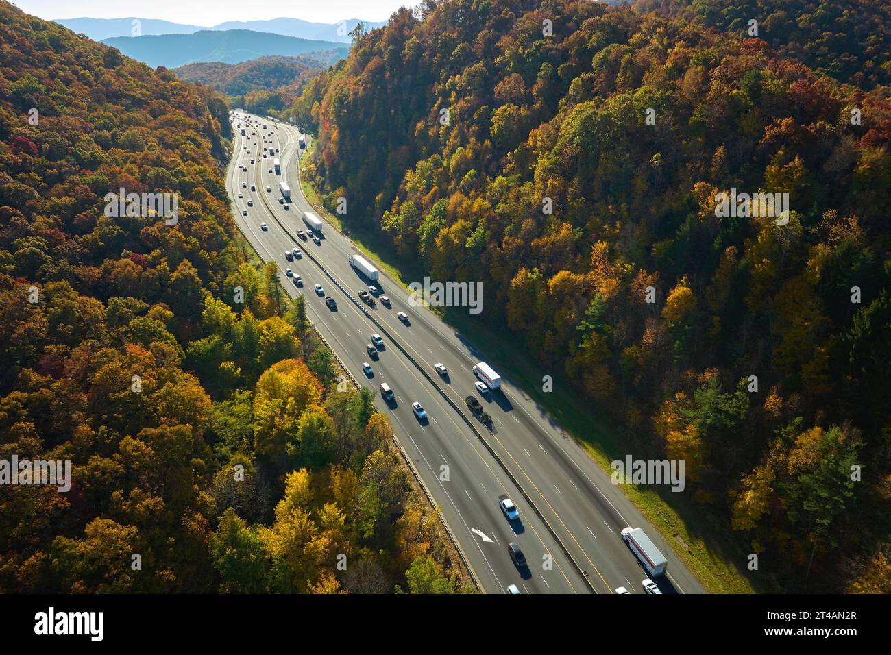 Aerial view of I-40 freeway in North Carolina heading to Asheville ...