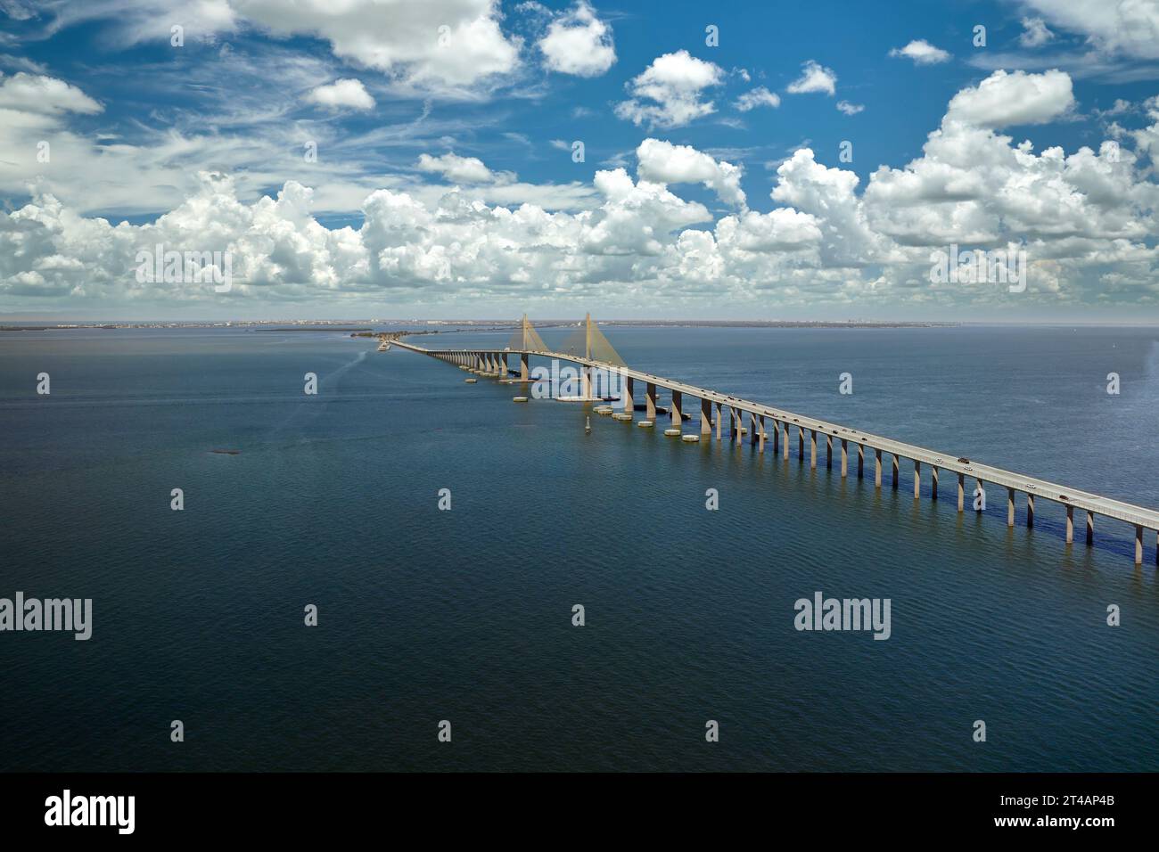 Sunshine Skyway Bridge over Tampa Bay in Florida with moving traffic ...