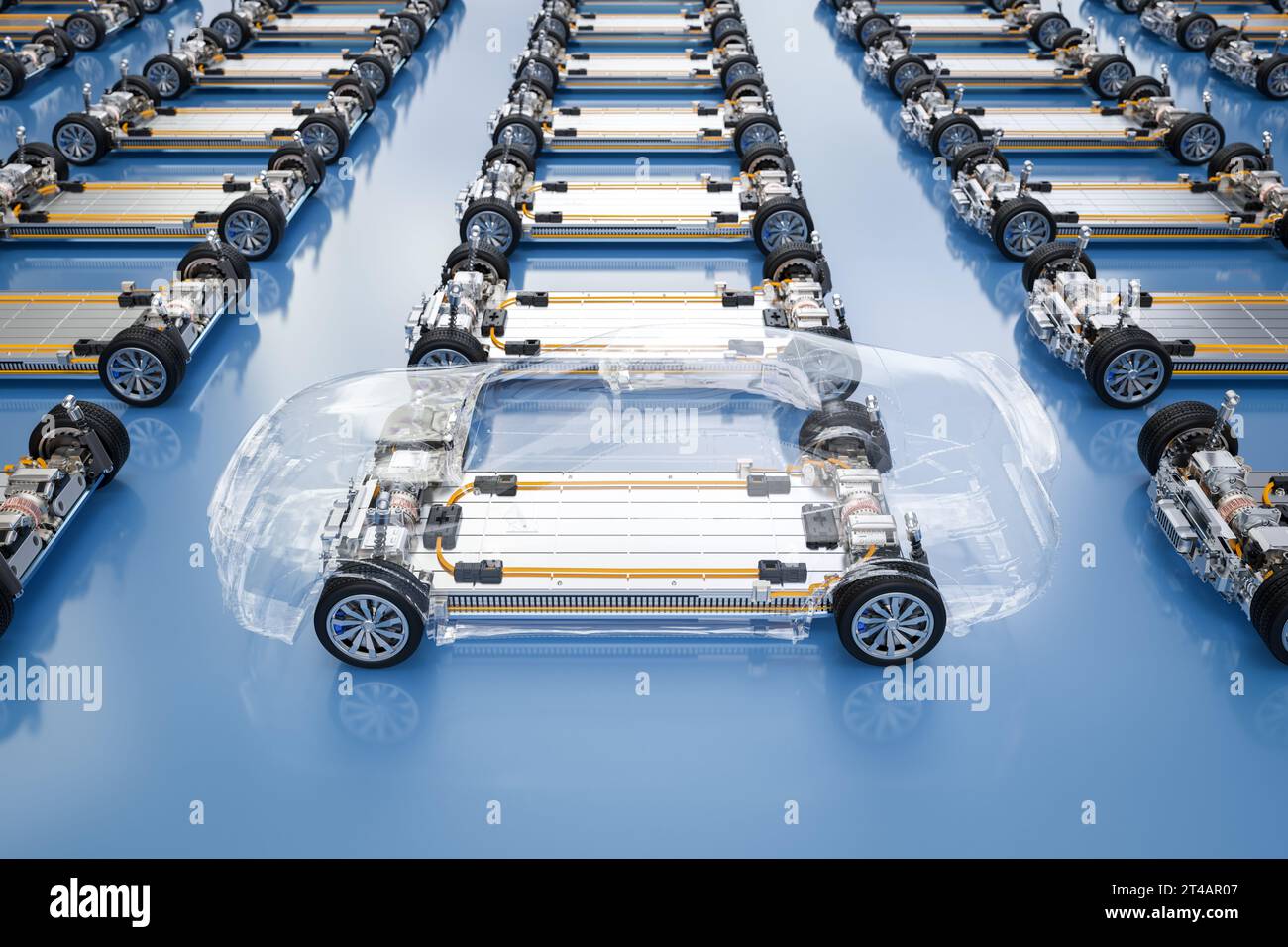 3d rendering electric cars assembly line with pack of battery cells ...