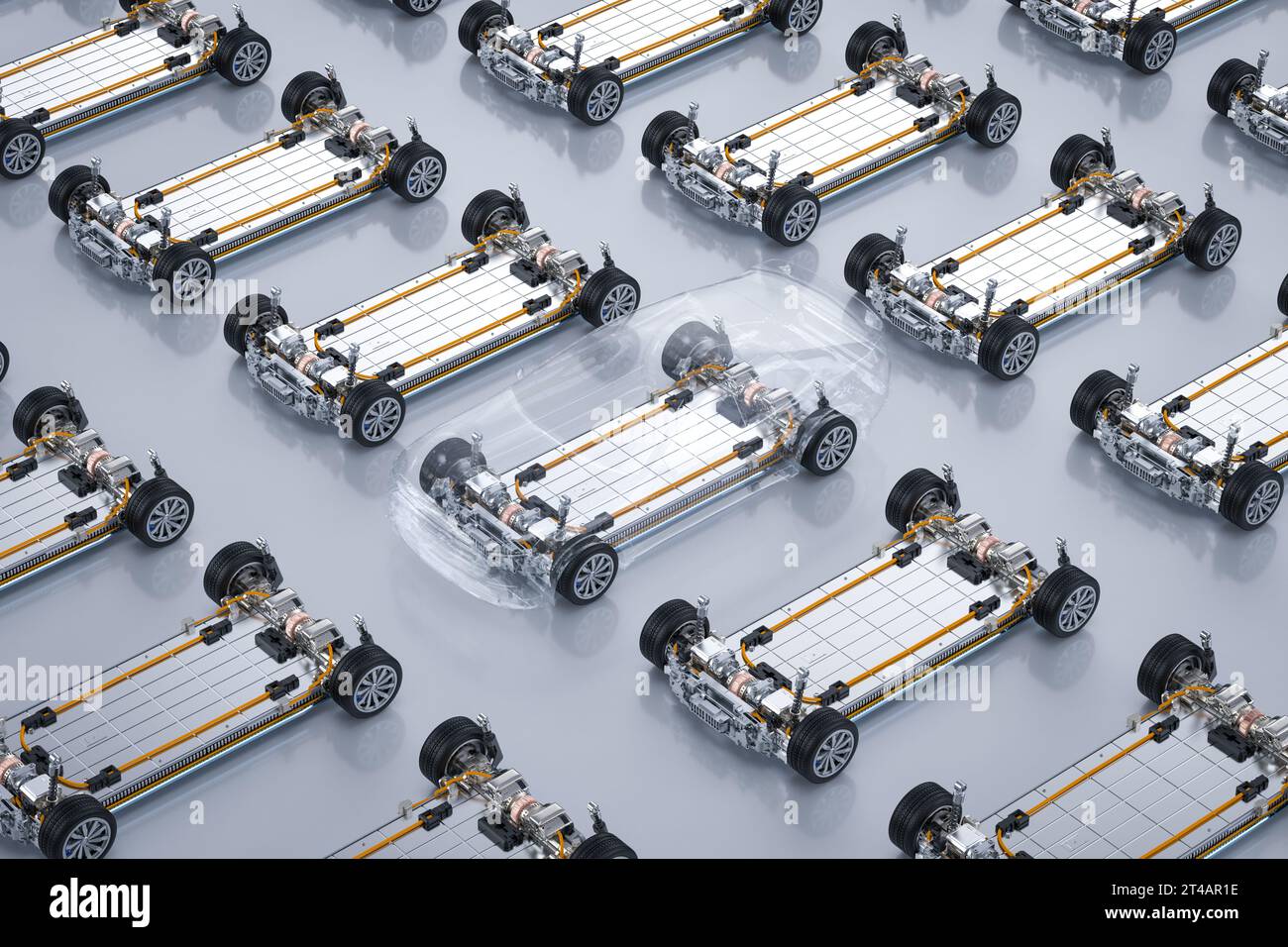 3d rendering electric cars assembly line with pack of battery cells ...