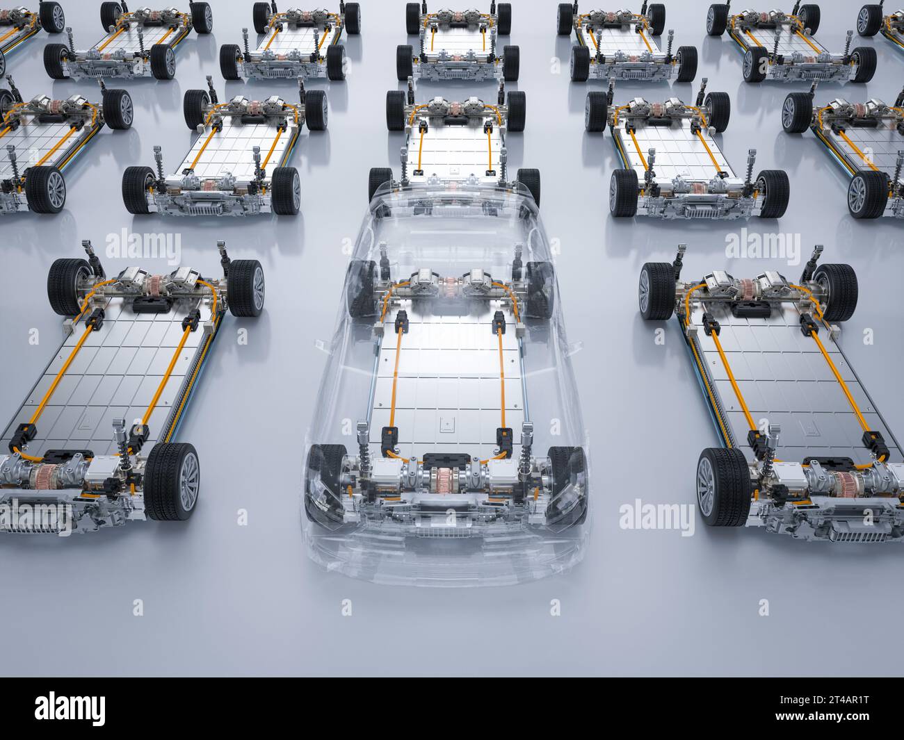 3d rendering electric cars assembly line with pack of battery cells ...