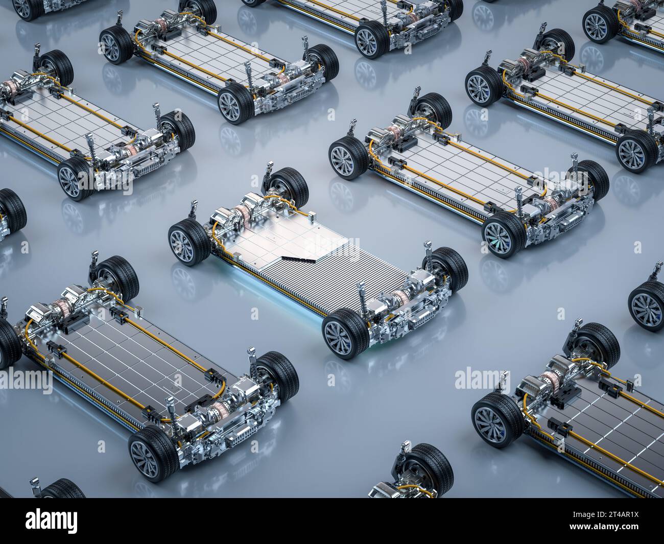 3d rendering electric cars assembly line with pack of battery cells ...