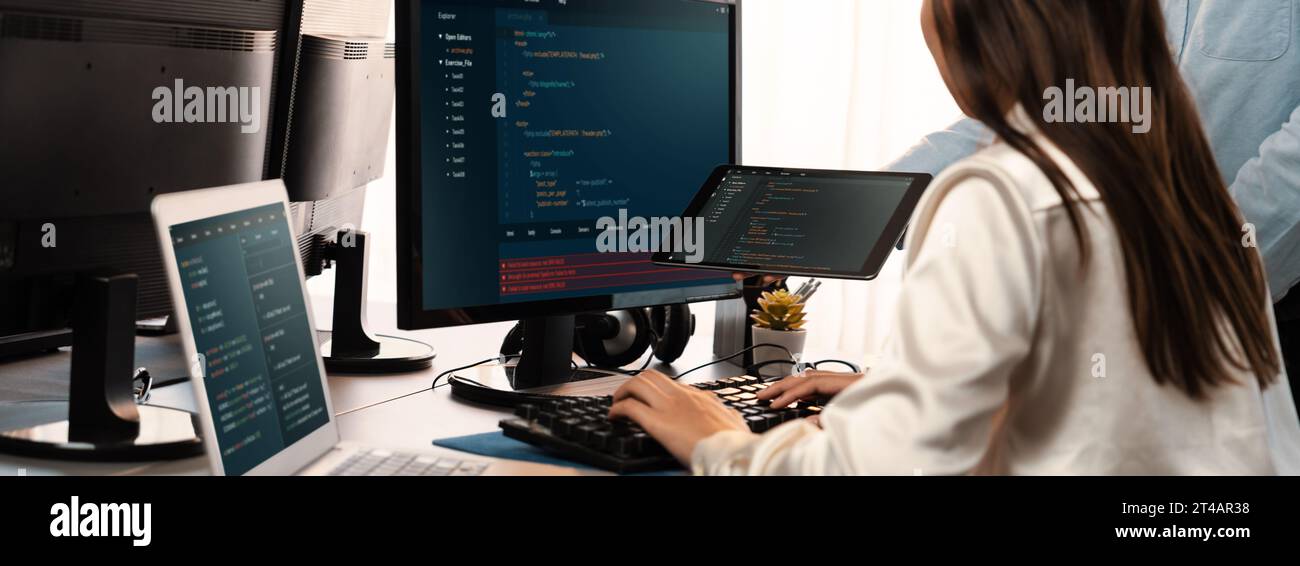 Software development team working together in office, coding script ...