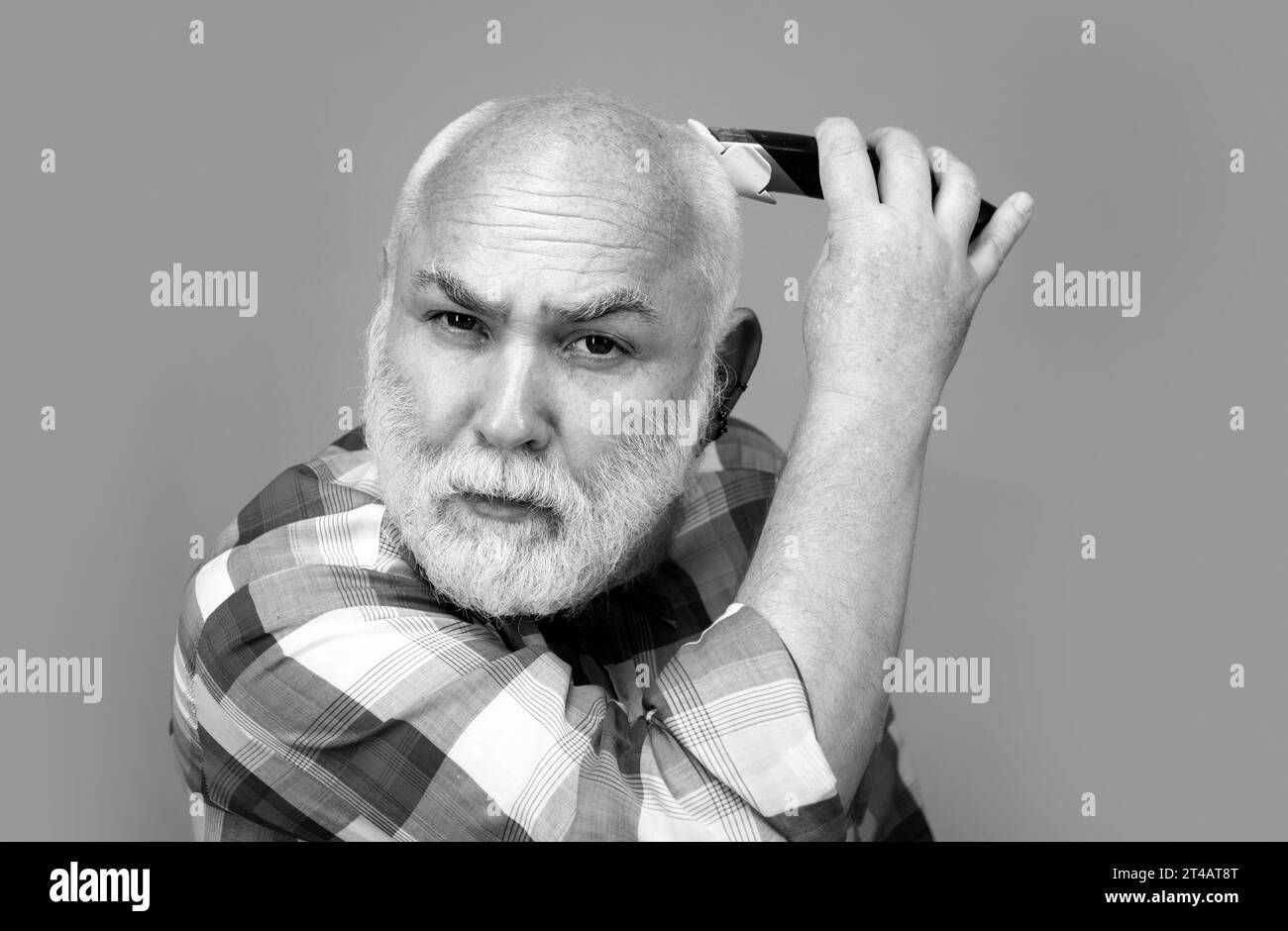 Gray senior man hair clippings. Bald old man hairclipper, Mature ...