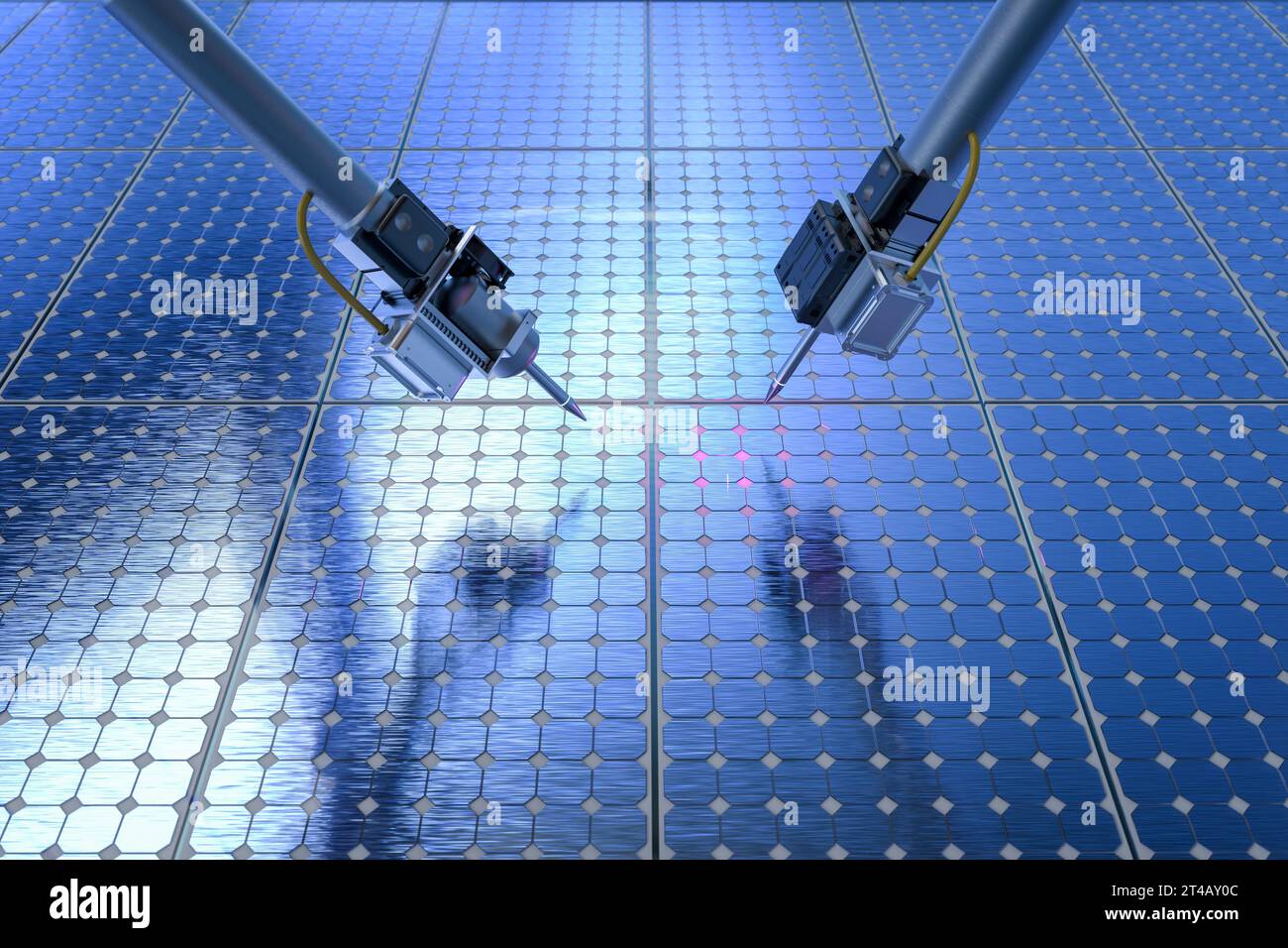Automation industry with 3d rendering robot assembly line in solar ...
