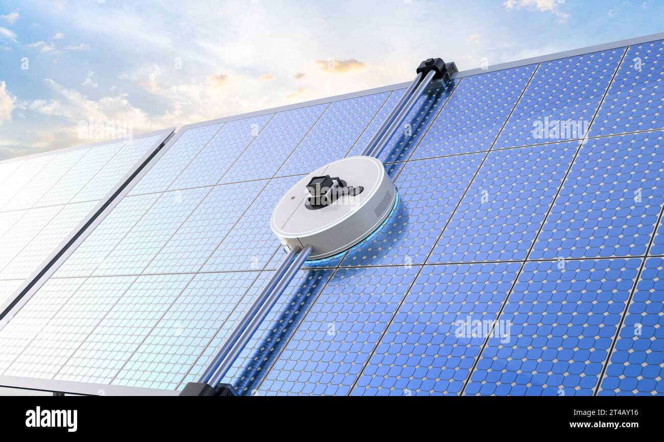 3d rendering automation robotic arms clean solar panels Stock Photo - Alamy