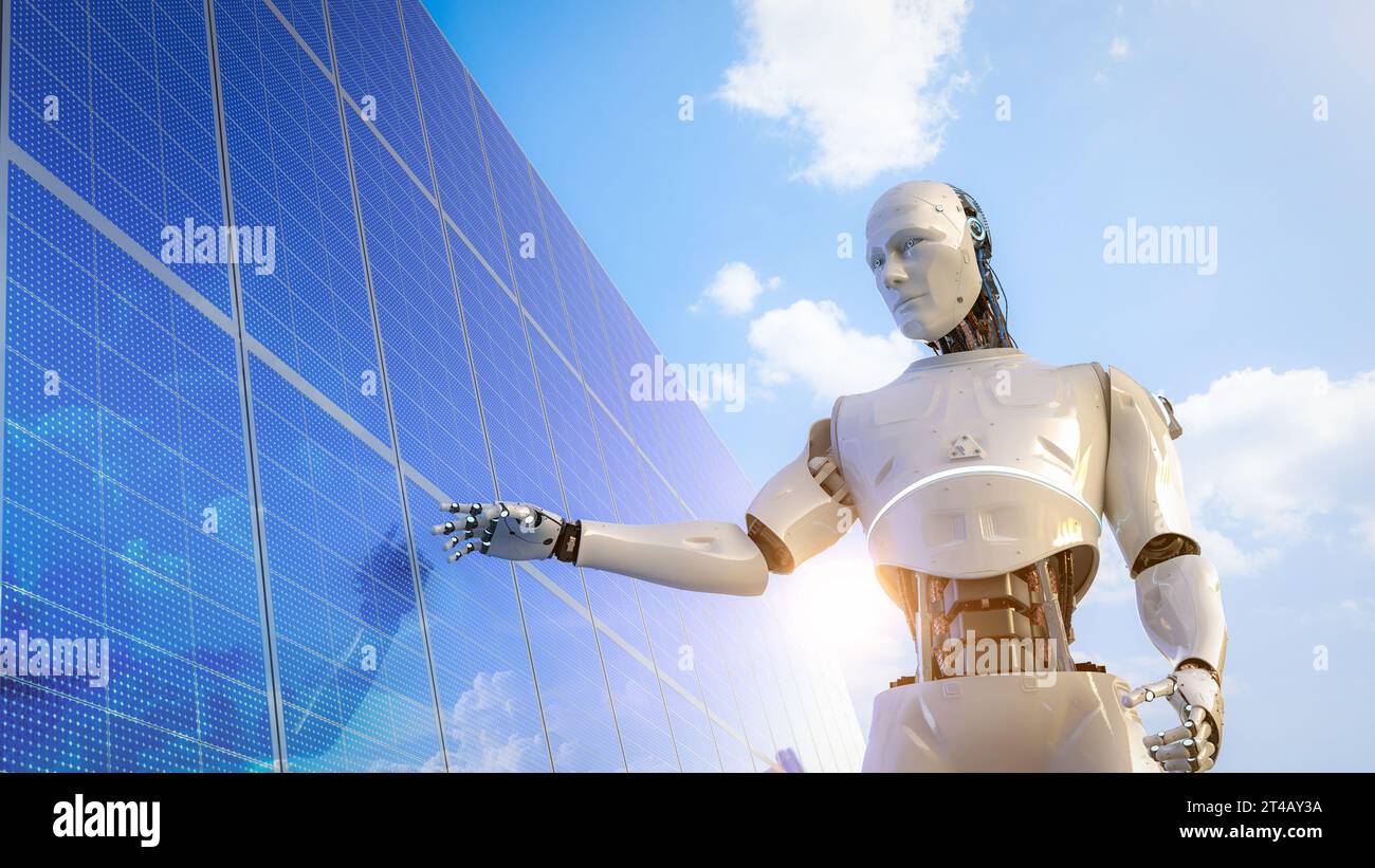 Smart energy concept 3d rendering robot work with solar panels Stock ...