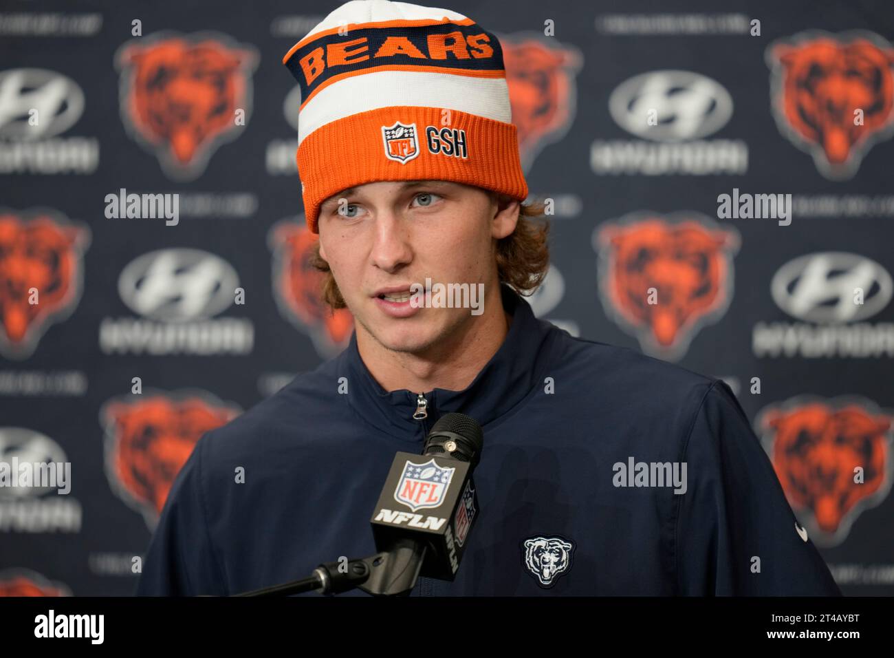 Chicago Bears quarterback Tyson Bagent speaks during a conference after ...