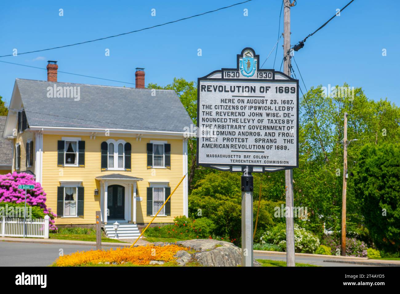 Sign of Revolution of 1689 on main Street in historic town center of ...